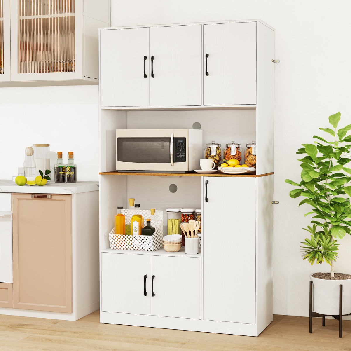 180 Cm Tall Pantry Cabinet With Power Outlet And Microwave Stand White ...