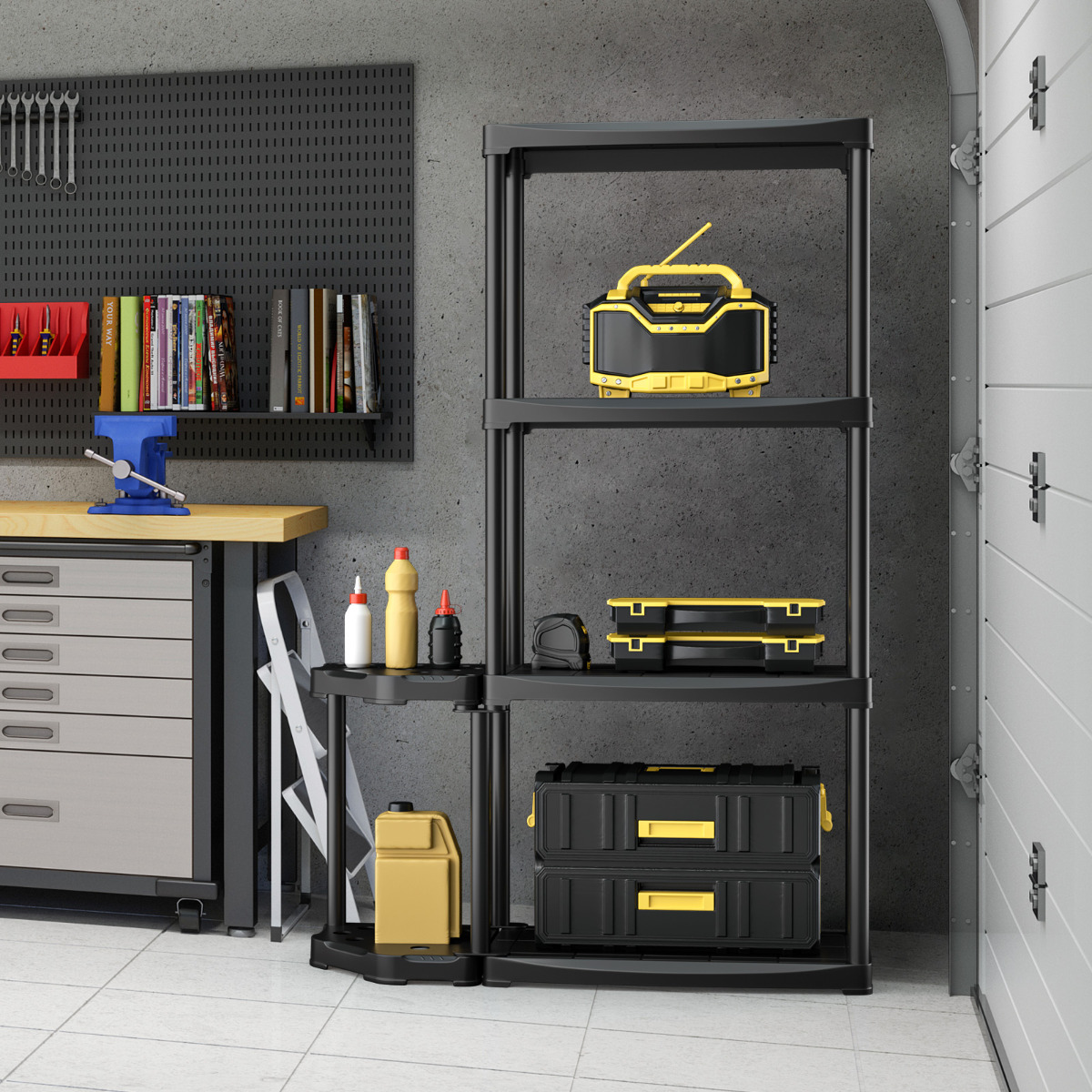 4 Tier Garage Shelving With Tool Organizer And Stable Bottom Base ...