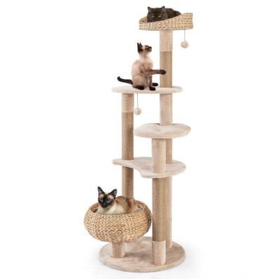 164 cm Cat Tree with Jute Scratching Posts and Dangling Balls - Costway