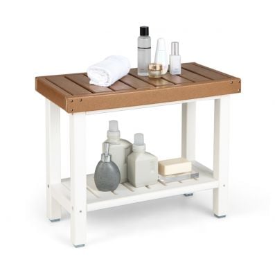 2-Tier Waterproof HDPE Bathroom Shower Stool with Storage Shelf - Costway