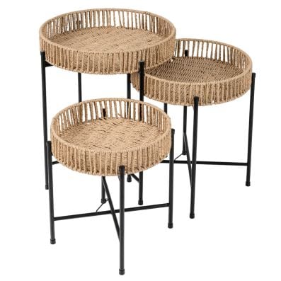 Set of 3 Round Nesting Side Tables Weaving End Tables with Metal Legs ...