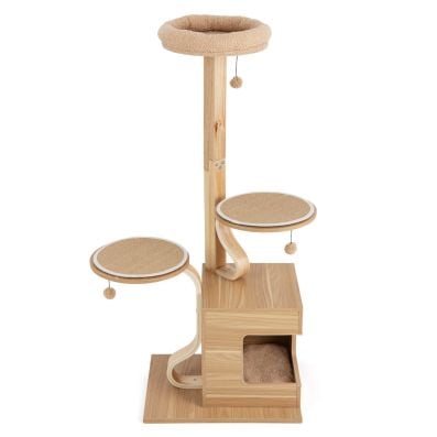 51 inches Wooden Cat Tree with Solid Wood Post and Curved Plywood Frame ...