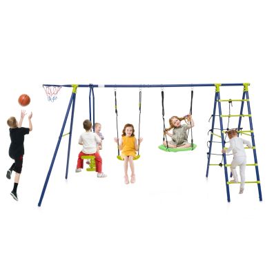 6-in-1 Metal Swing Set with 2 Height-Adjustable Swings for Kids 3-12 ...
