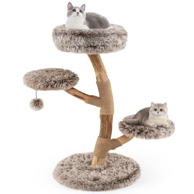 92CM Solid Pear Wood Cat Tree with Perch and Dangling Ball - Costway