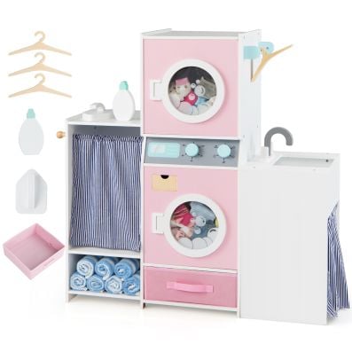 Wooden Kids Laundry Playset Pretend Toy Washing Machine with Laundry ...