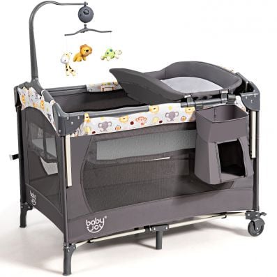 3-in-1 Foldable Baby Travel Cot with Changing Tab and Mattress - Costway