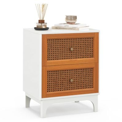 Boho Accent Table with 2 Handwoven Rattan Decorated Drawers - Costway