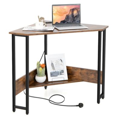 Corner Desk 90-degree Triangle Computer Desk with Power Outlet - Costway