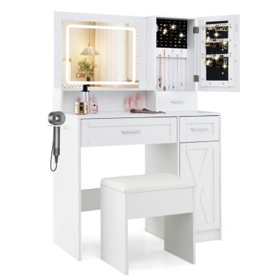 Farmhouse Dressing Table and Stool Set with Charging Station and 3 ...