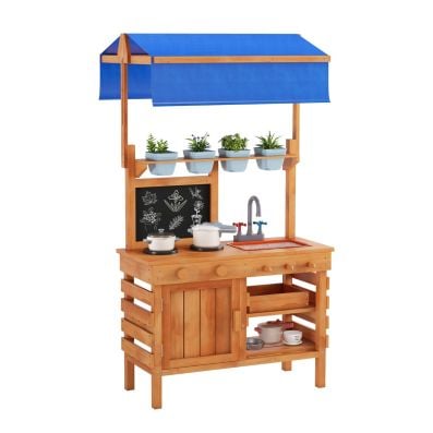 Fir Wood Play Kitchen with Adjustable Canopy and Sink - Costway