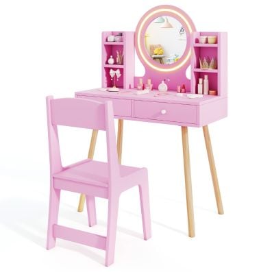 Kids Princess Vanity Desk Set with 2-Color LED Lighted Acrylic Mirror ...