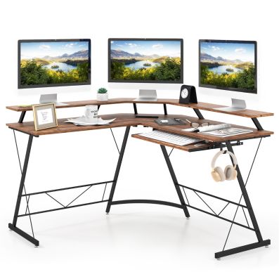 L-shaped Computer Desk with Power Outlet and Monitor Stand - Costway