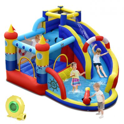 Inflatable Bounce Castle 6-in-1 Water Park with Curved Slide - Costway