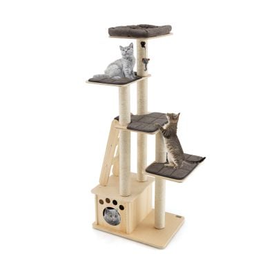 Modern Wooden Cat Tree Tower with Cat House - Costway