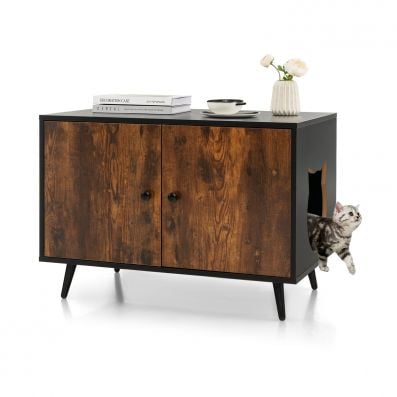 Modern Cat Litter Box Enclosure with Divider and 2 Cat Head-Shaped ...
