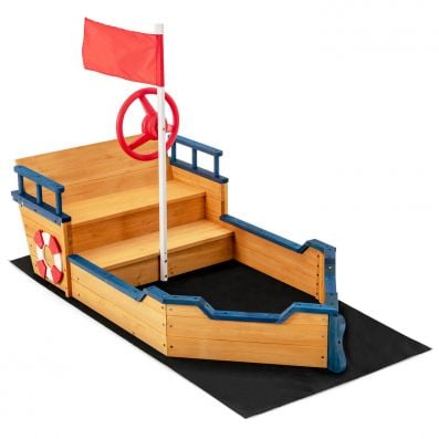 Wooden Pirate Sandboat with Bench Seat and Flag - Costway