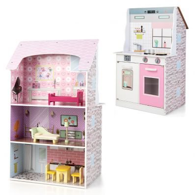 2-In-1 Kitchen Playset and Dollhouse with 9 Accessories - Costway