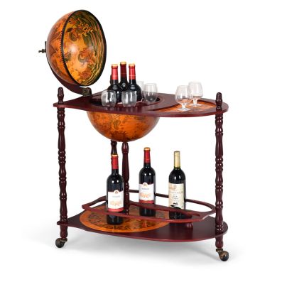 Wood Globe Wine Bar Stand with Retro Wood Liquor Bottle Shelf - Costway
