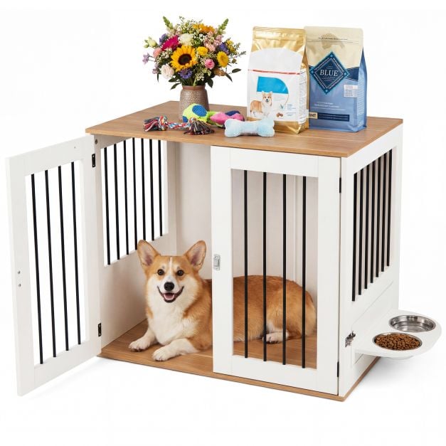 80 cm Indoor Wooden Dog Kennel with Double Lock Doors and 360° Rotating ...