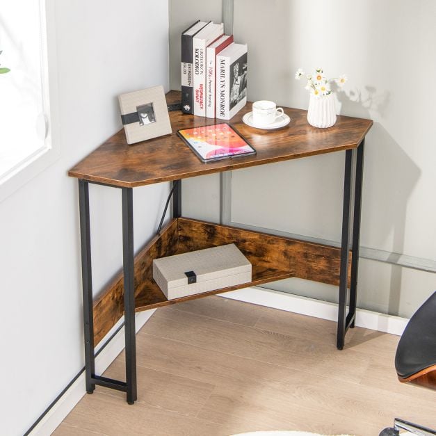 Corner Desk 90-degree Triangle Computer Desk with Power Outlet - Costway