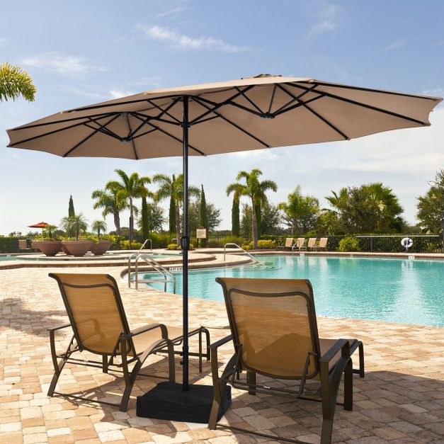 450cm Double-Sided Patio Umbrella with Base and Hand-Crank System - Costway