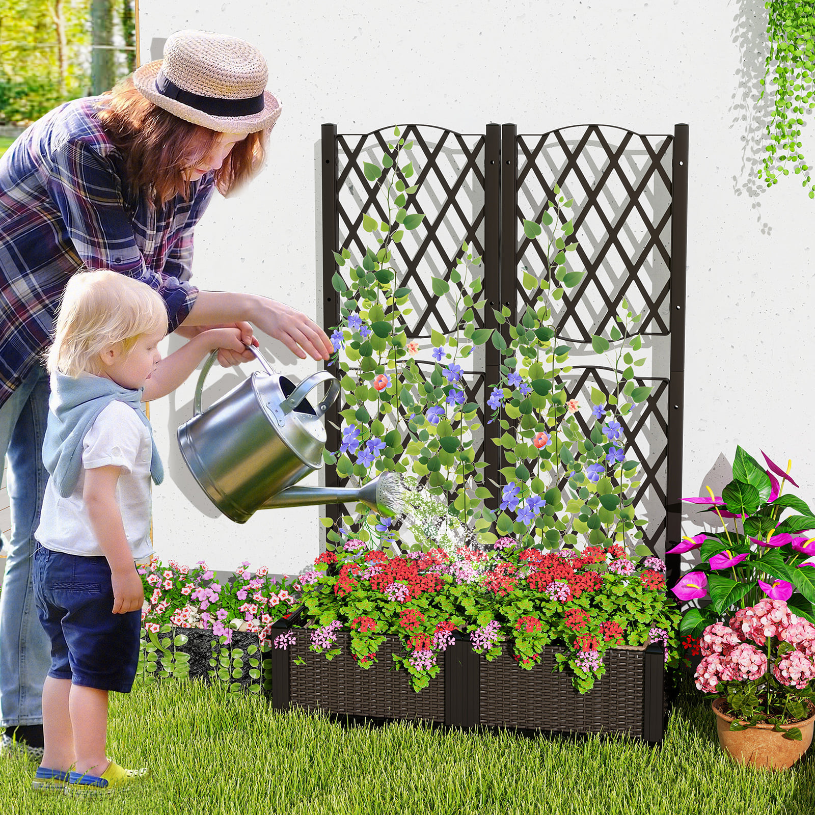 Double Box Outdoor Planter With Self Watering System Brown - Kuiwee.com