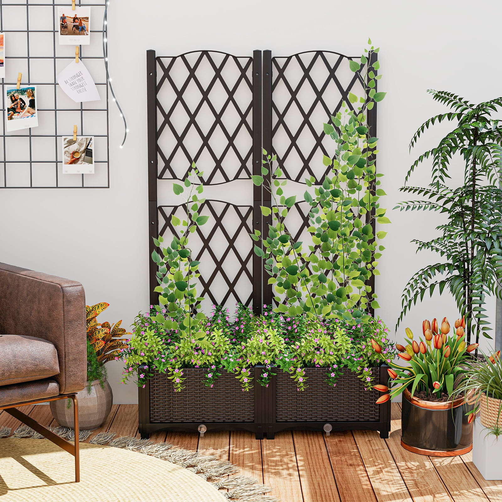 Double Box Outdoor Planter With Self Watering System Brown - Kuiwee.com