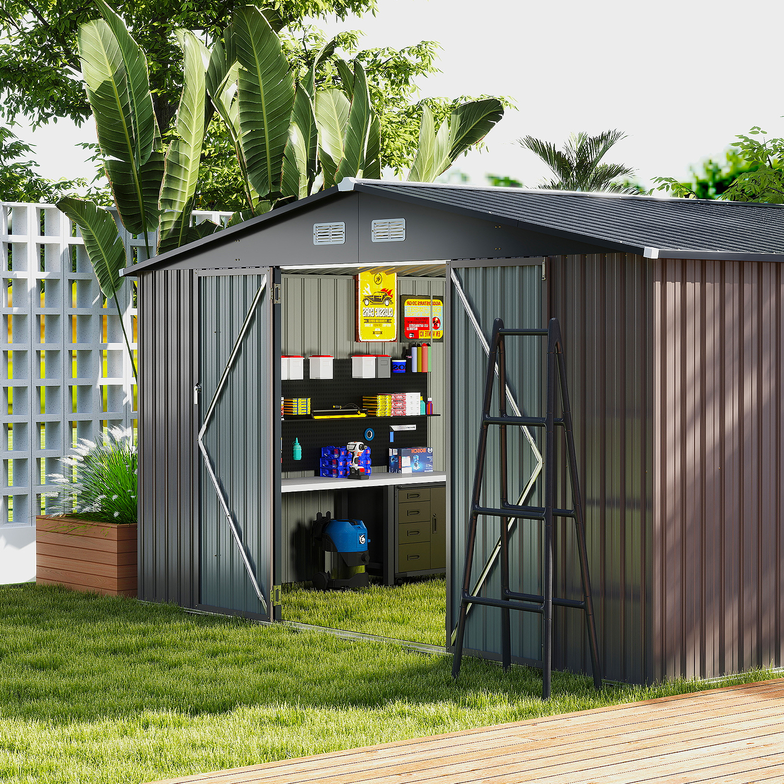 Outdoor Storage Shed Large Utility Tool House With 4 Air Vents Grey ...