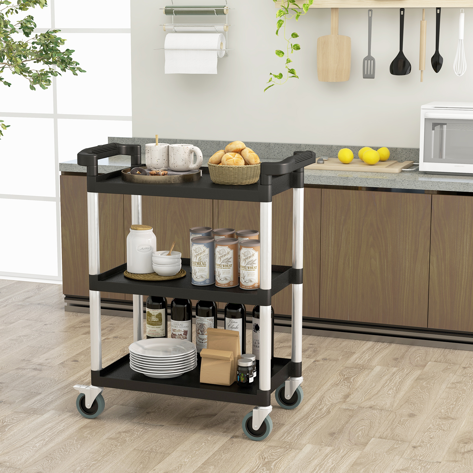 3 Tire Metal Rolling Cart With Lockable Universal Wheels - Kuiwee.com