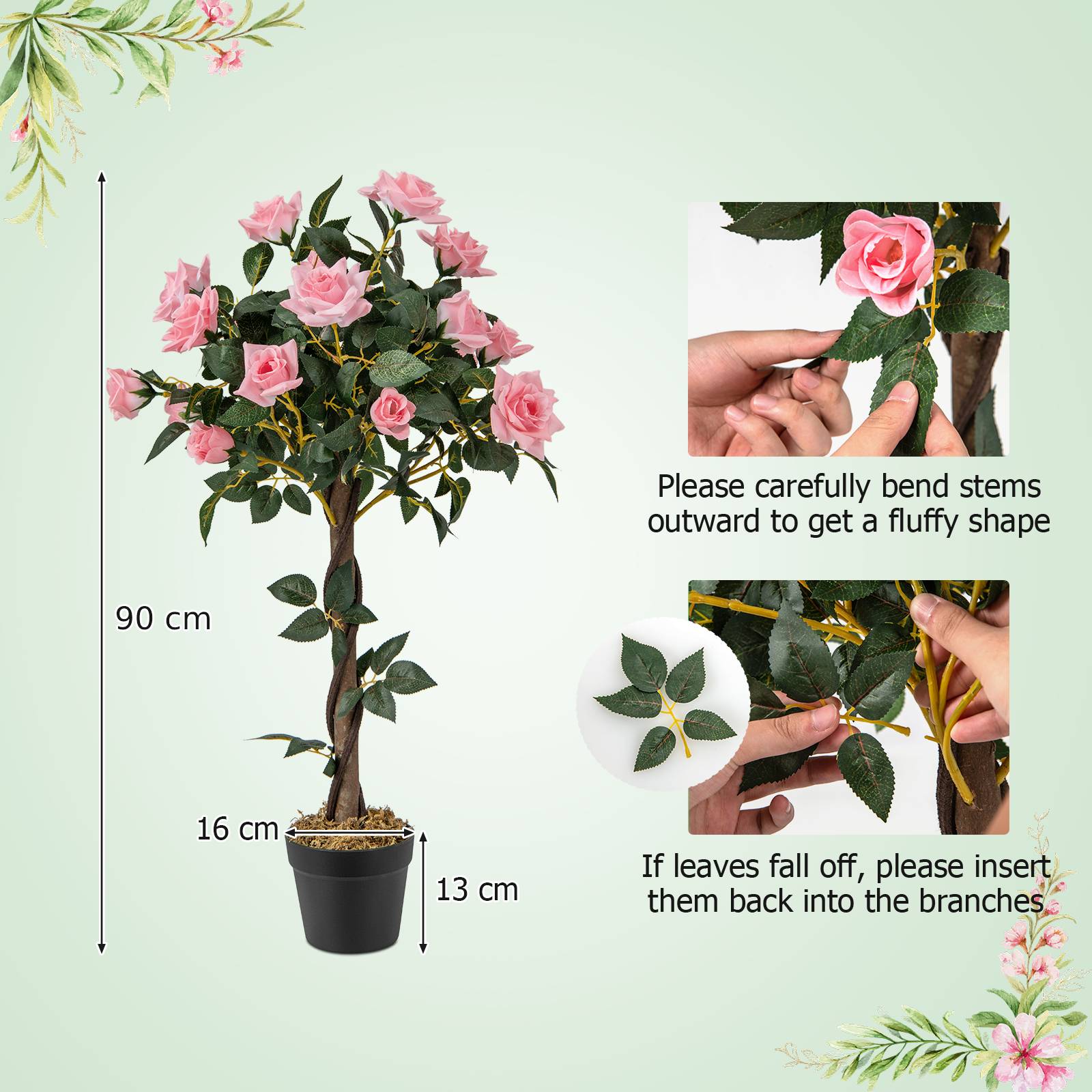 93 Cm Artificial Flower Tree Faux Floral Plant With Pine Roses - Kuiwee.com
