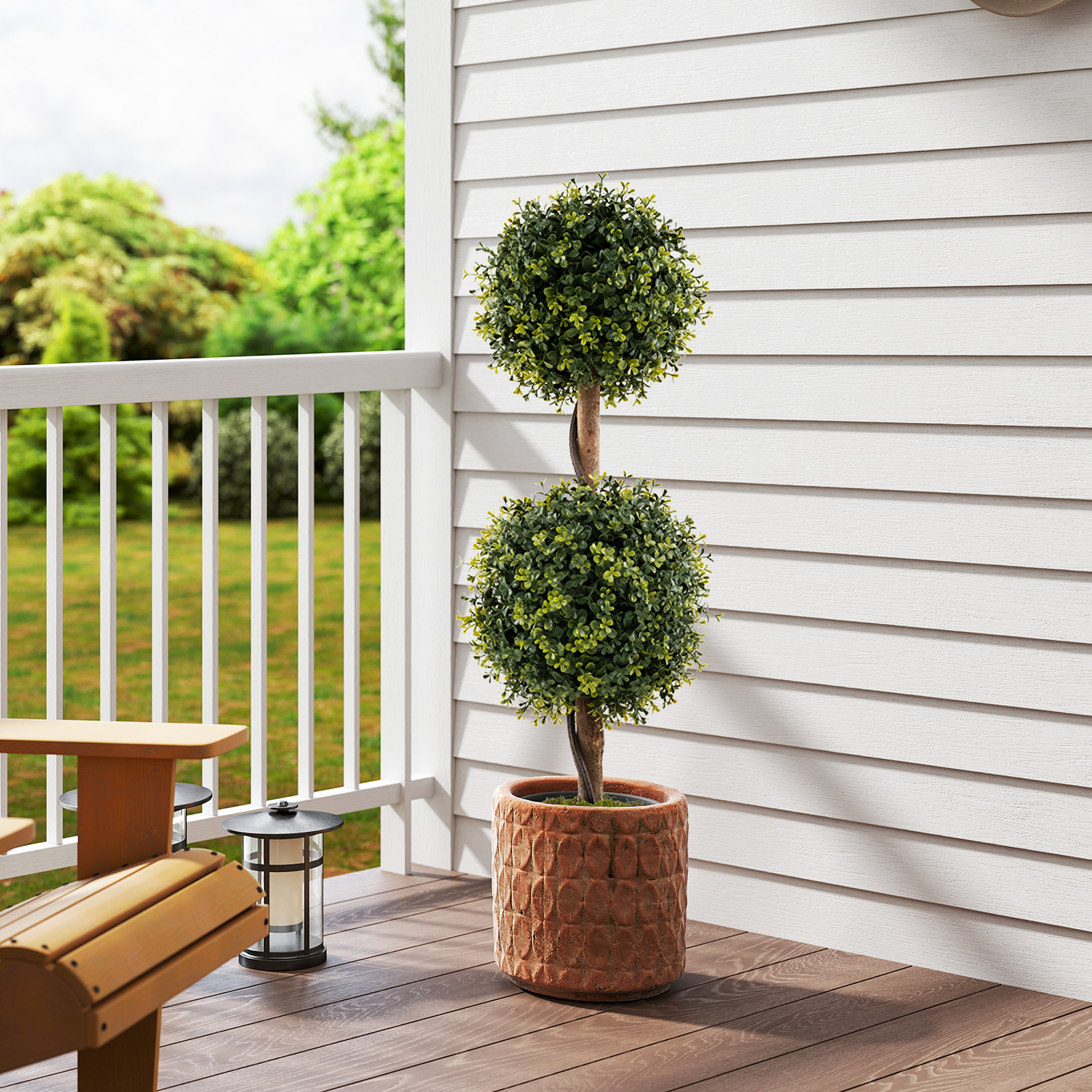 Set Of 2 Artificial Double Topiary Ball Trees 90cm Faux Boxwood Topiary ...