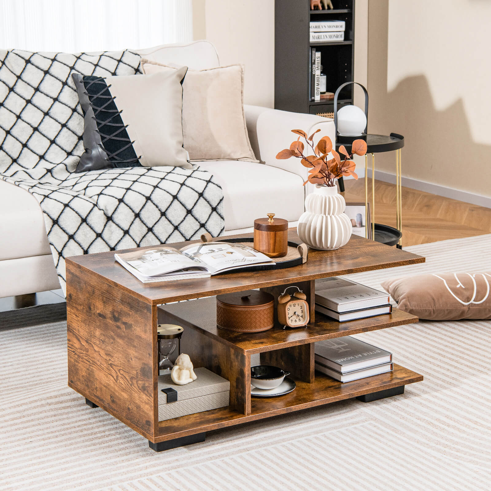 Coffee Table 3 Tier Rectangular Center With L Shaped Middle Shelf ...