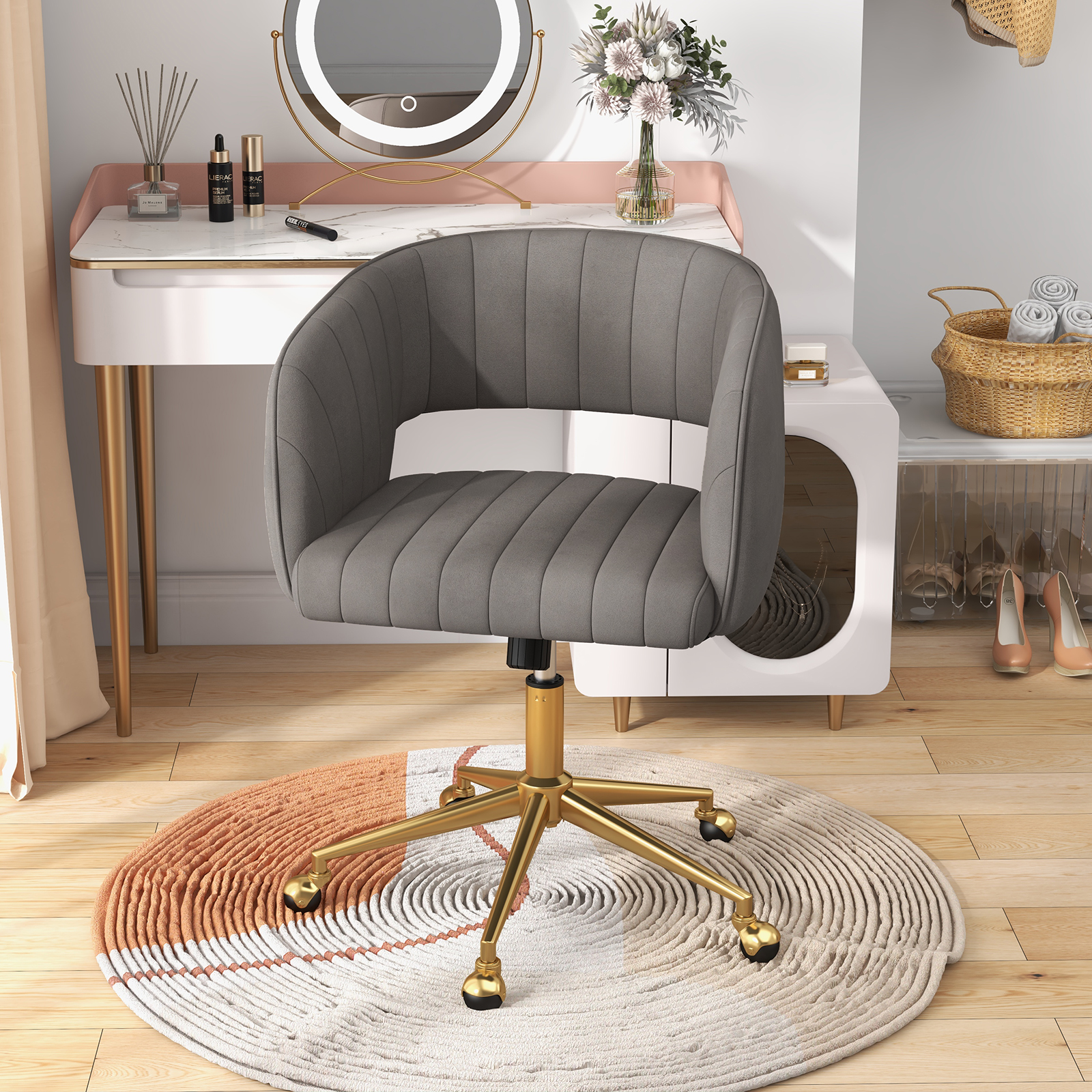 Modern Swivel Home Office Chair With Tufted Back And Seat Grey - Kuiwee.com