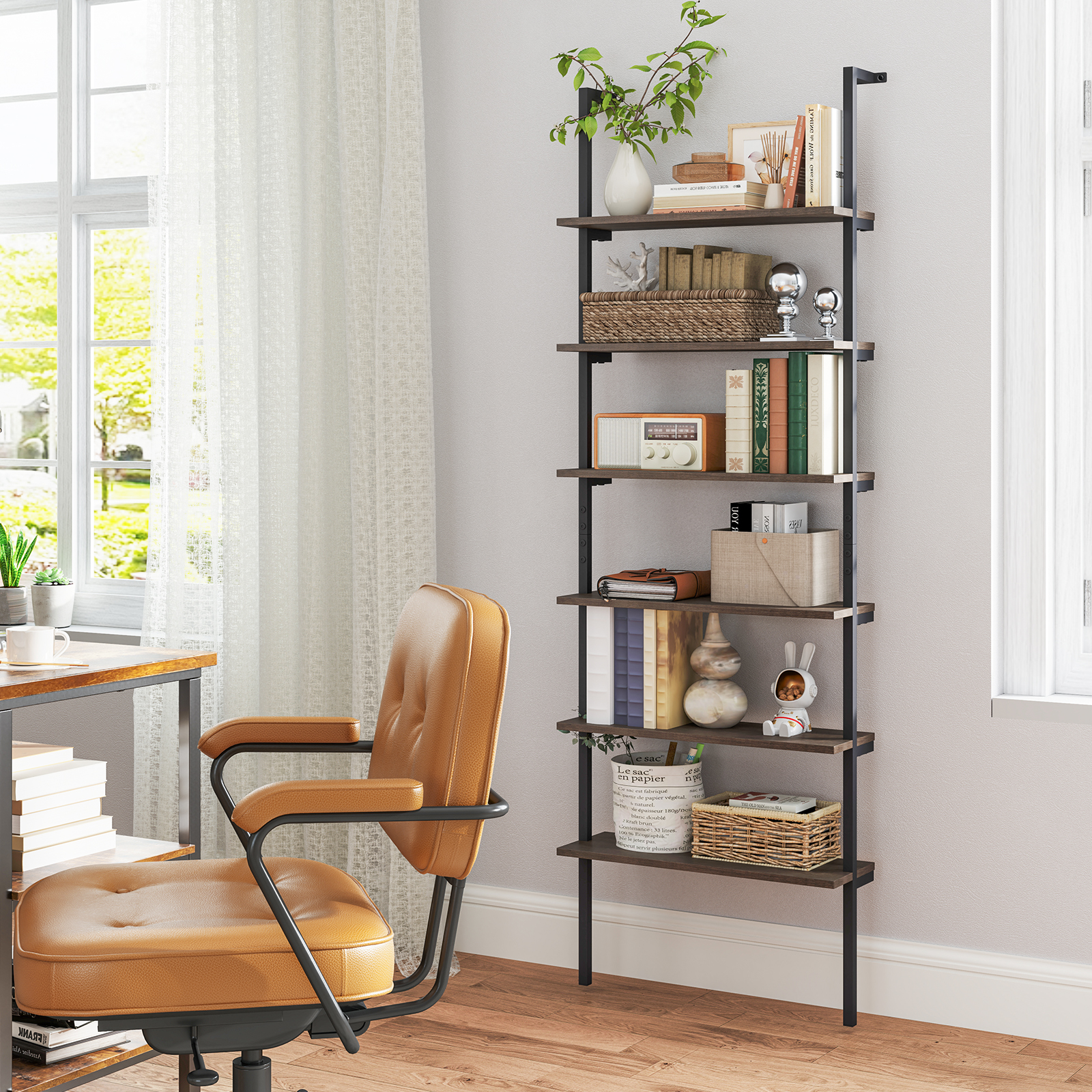 6 Tier Ladder Shelf Wall Mounted Bookshelf With Metal Frame Oak ...