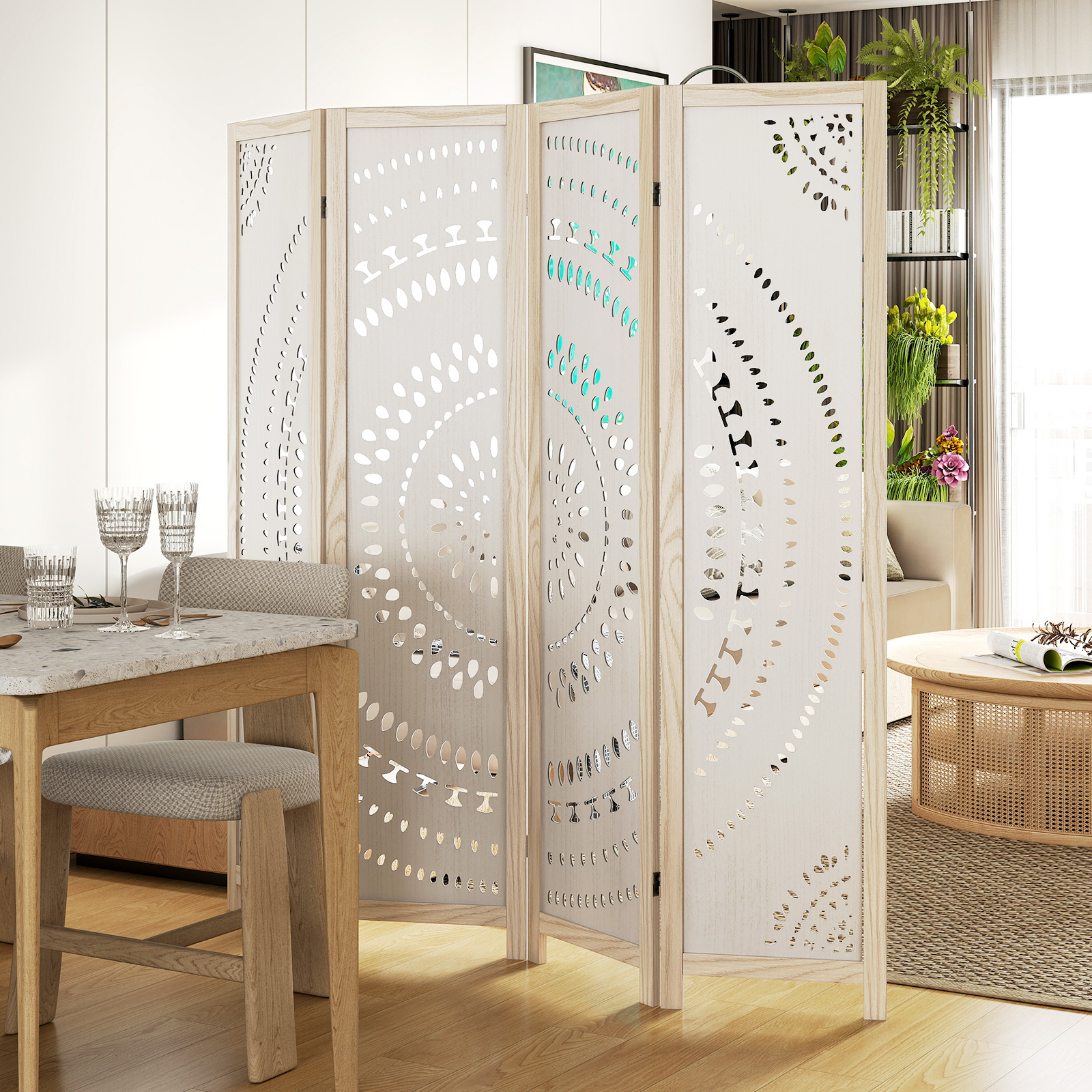 166cm 4 Panel Room Divider With Carved Pattern And Solid Wood Frame ...