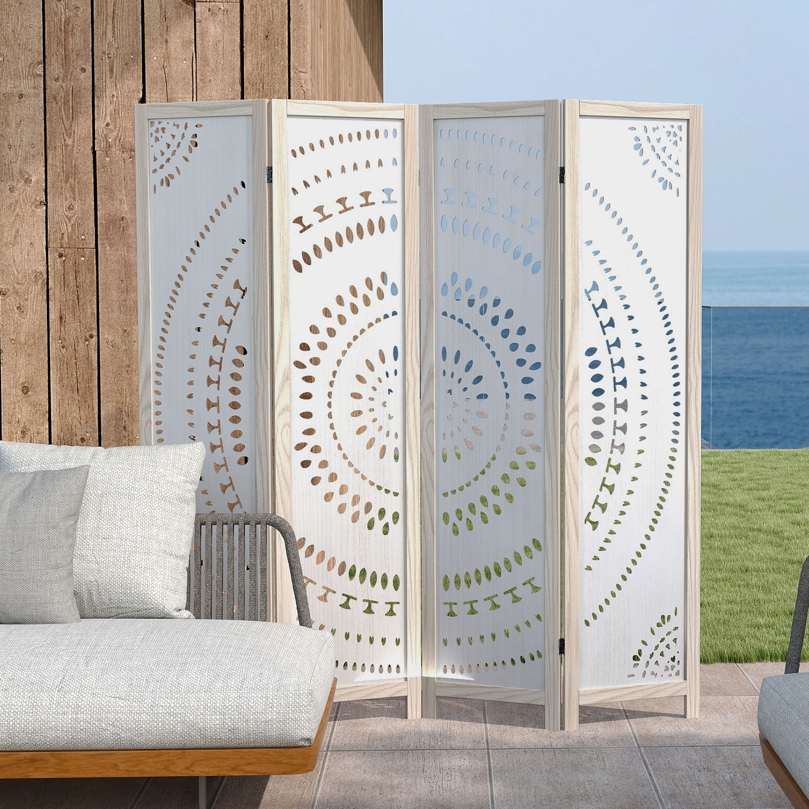 166cm 4 Panel Room Divider With Carved Pattern And Solid Wood Frame ...