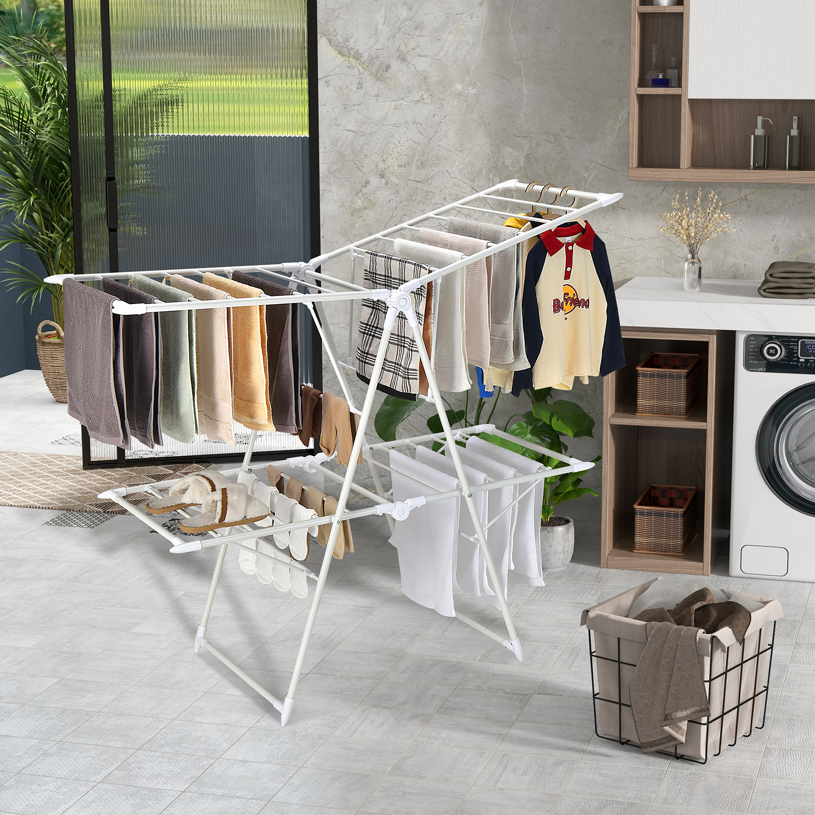 Foldable Clothes Drying Rack With 28 Hanging Rails White - Kuiwee.com
