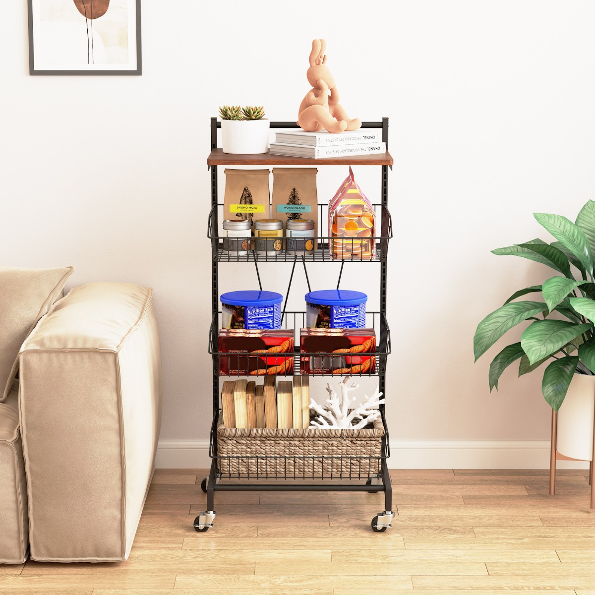 4 Tier Kitchen Storage Cart On Wheels With Height Adjustable And ...