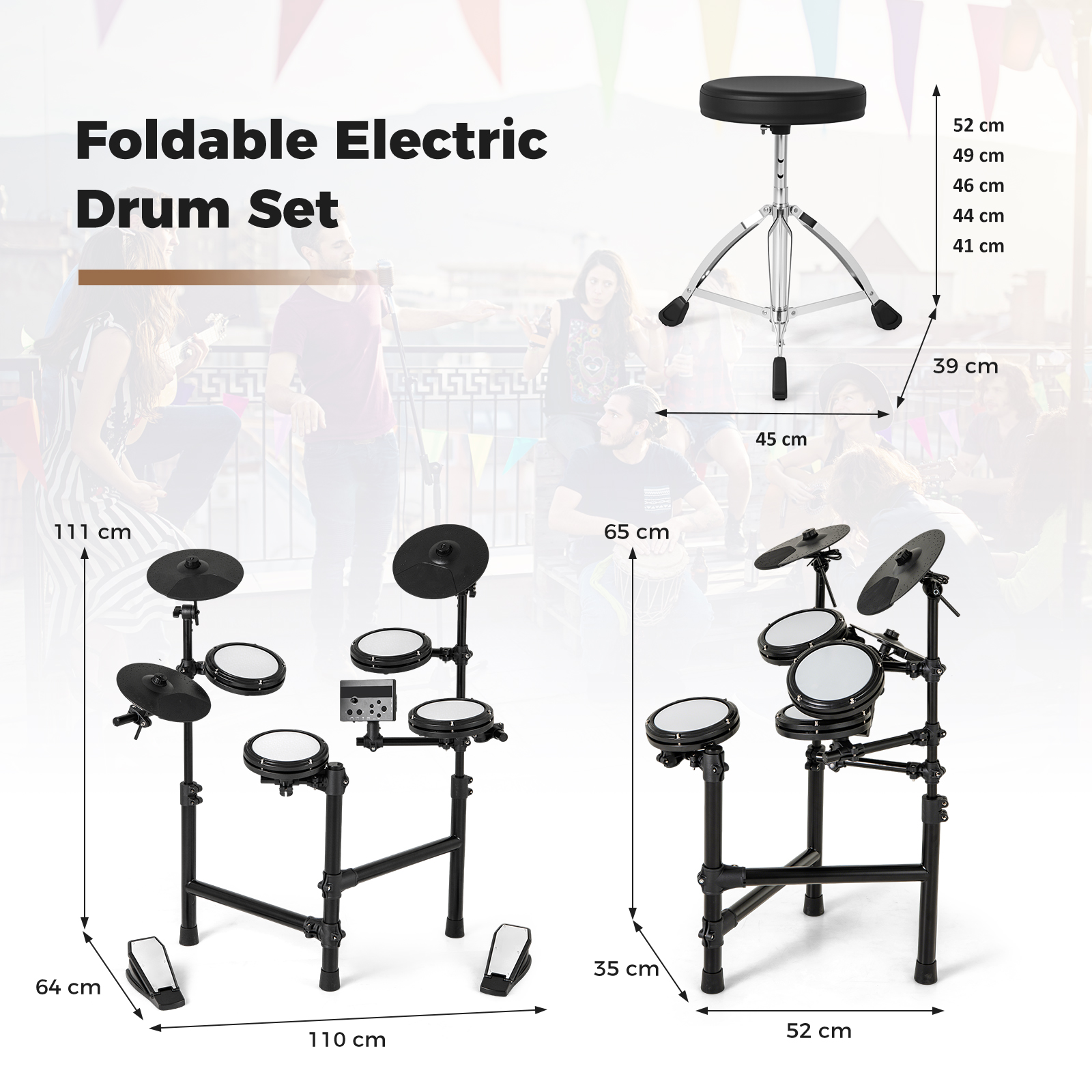 Electric Drum Set Foldable Drum Kit With 18 Cm Mesh Drum Pads - Kuiwee.com
