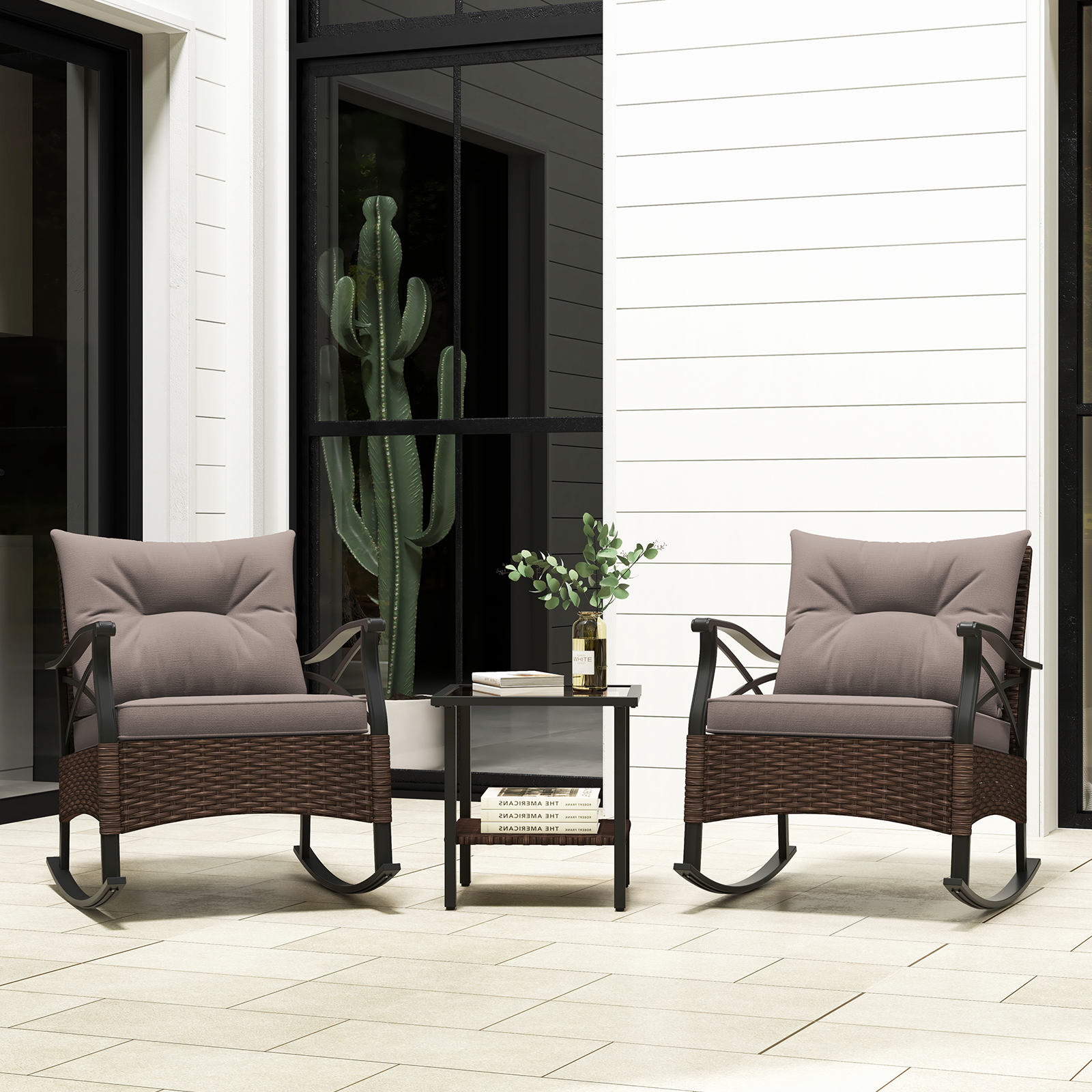 3 Piece Patio Rocker Set With Coffee Table And Cushions Grey - Kuiwee.com