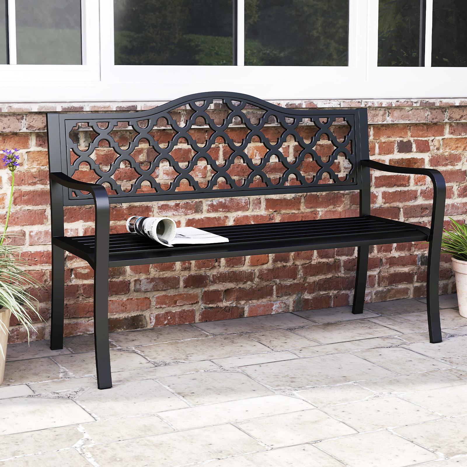 128cm Patio Bench Slatted Metal Garden Bench For 2 3 People Black ...