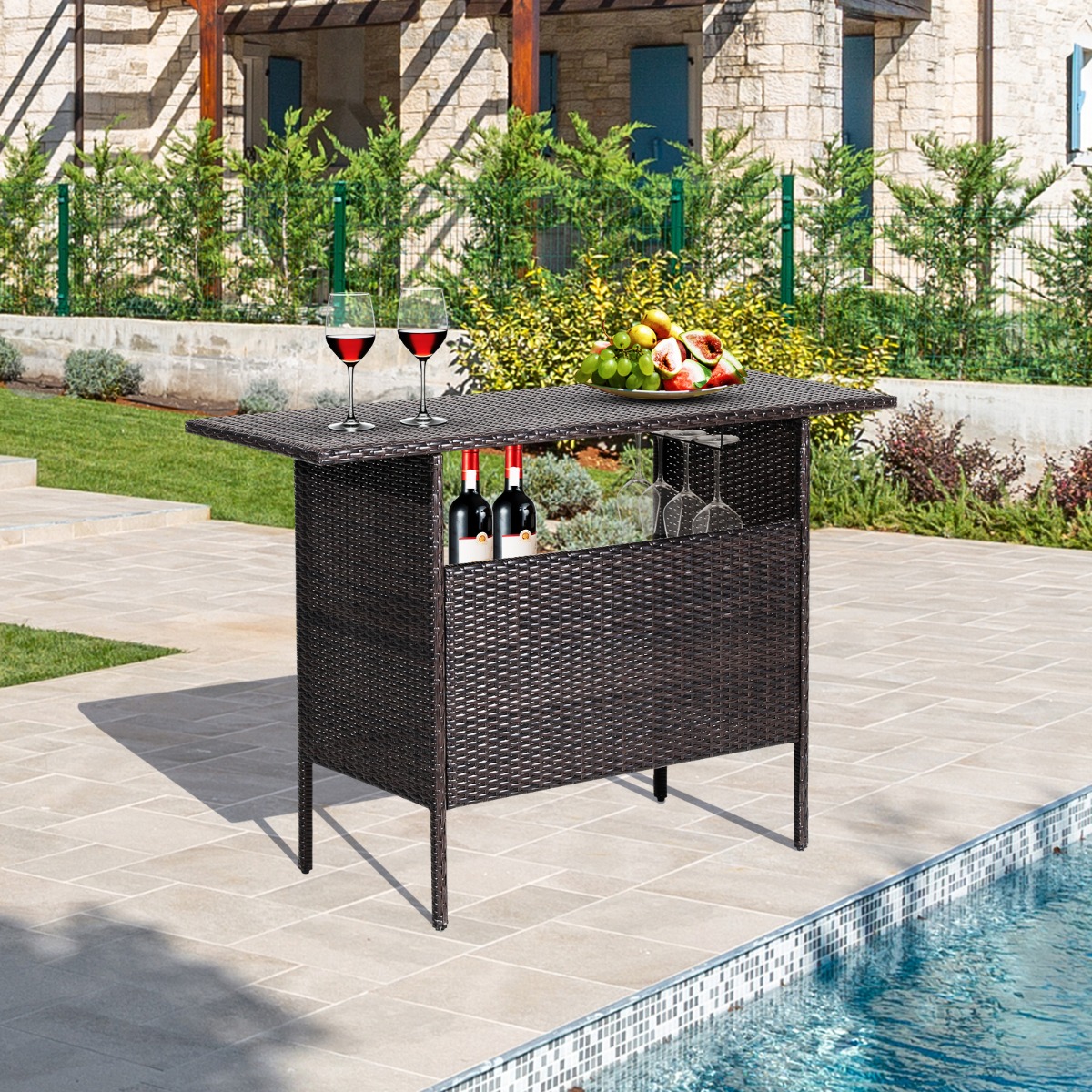 Outdoor Wicker Bar Table With 2 Metal Mesh Shelves And 2 Rail Racks ...
