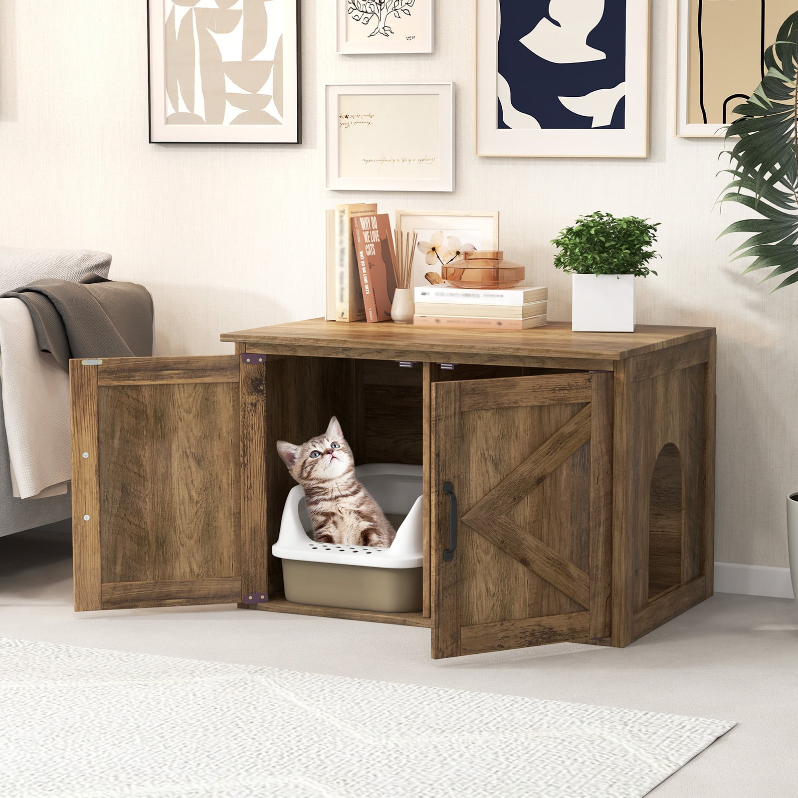 Cat Litter Box Enclosure With Countertop And Storage Cabinet Oak ...