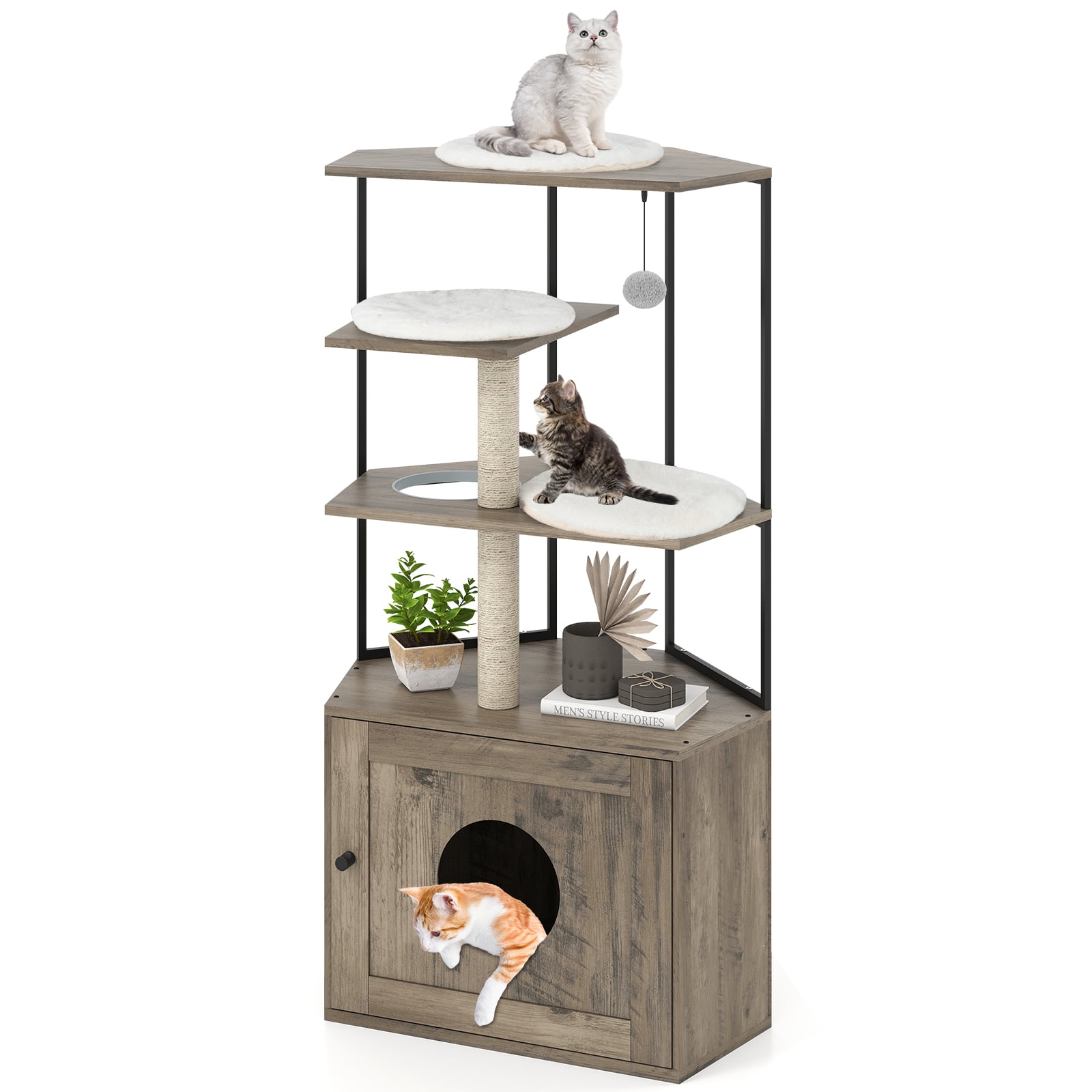 Cat Tree With Litter Box Enclosure With 2 Scratching Posts And 3 Mats ...