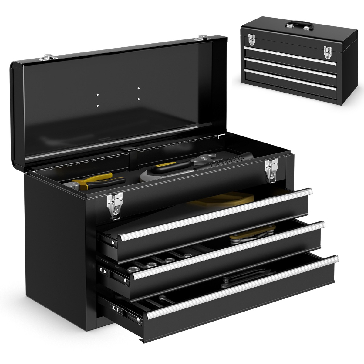 Portable Steel Tool Box With 3 Drawers And Top Storage Tray Black ...