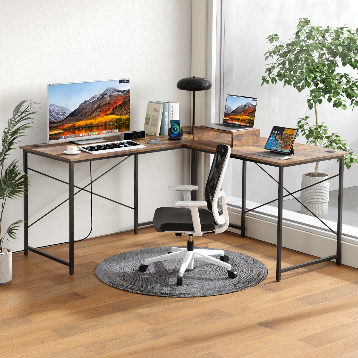 Reversible L Shaped Desk With Built In Power Strip And Removable Host ...