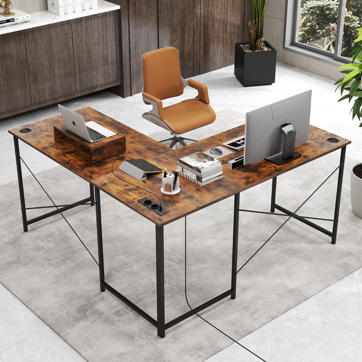 Reversible L Shaped Desk With Built In Power Strip And Removable Host ...