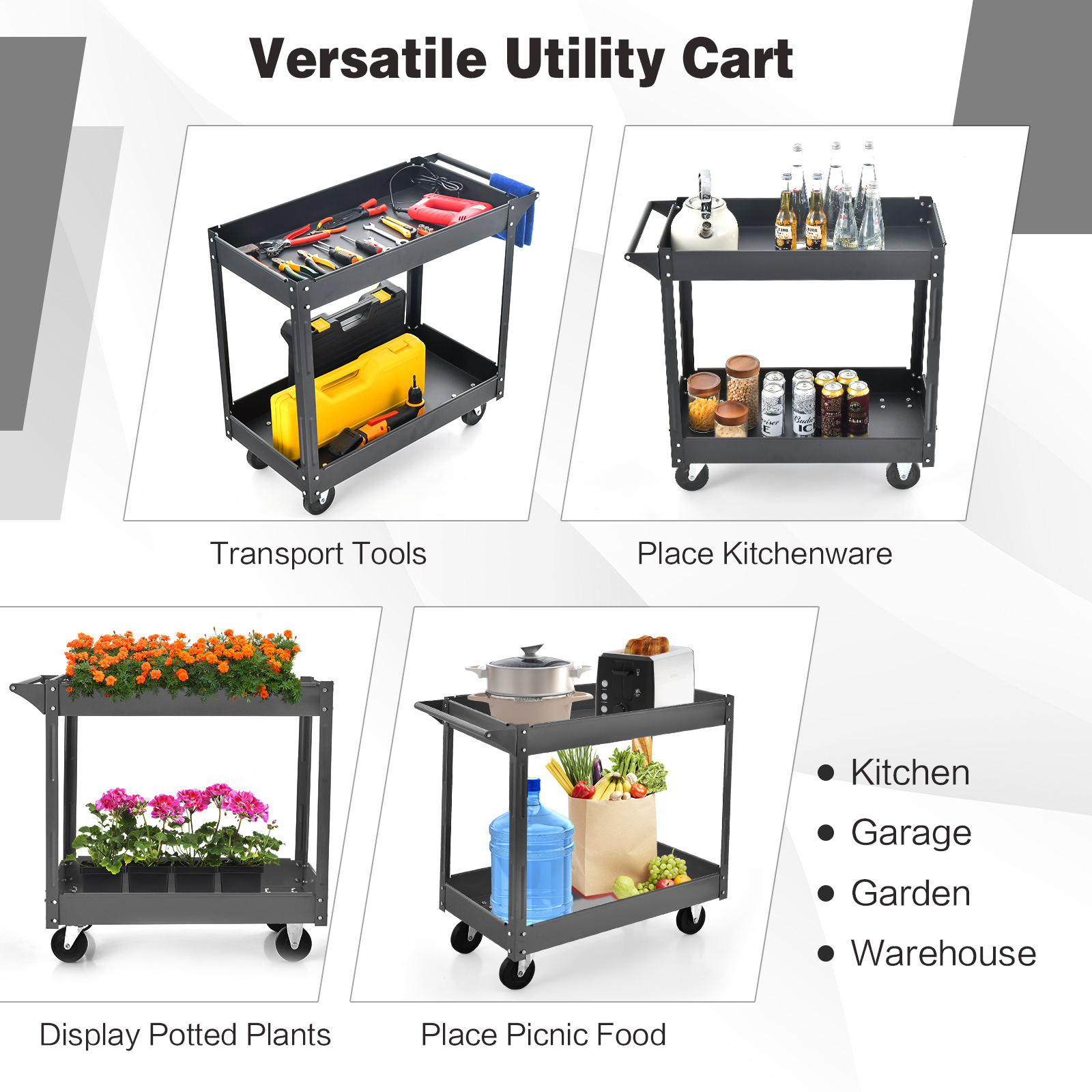 2 Tiers Tool Trolley With Handle And 4 Wheels Black - Kuiwee.com