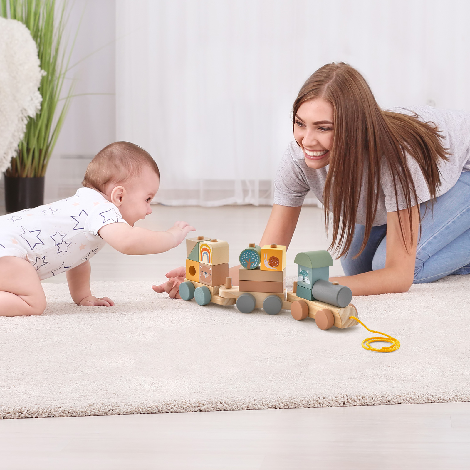 Wooden Toy Train Set With Stacking Wooden Blocks For Early Learning ...