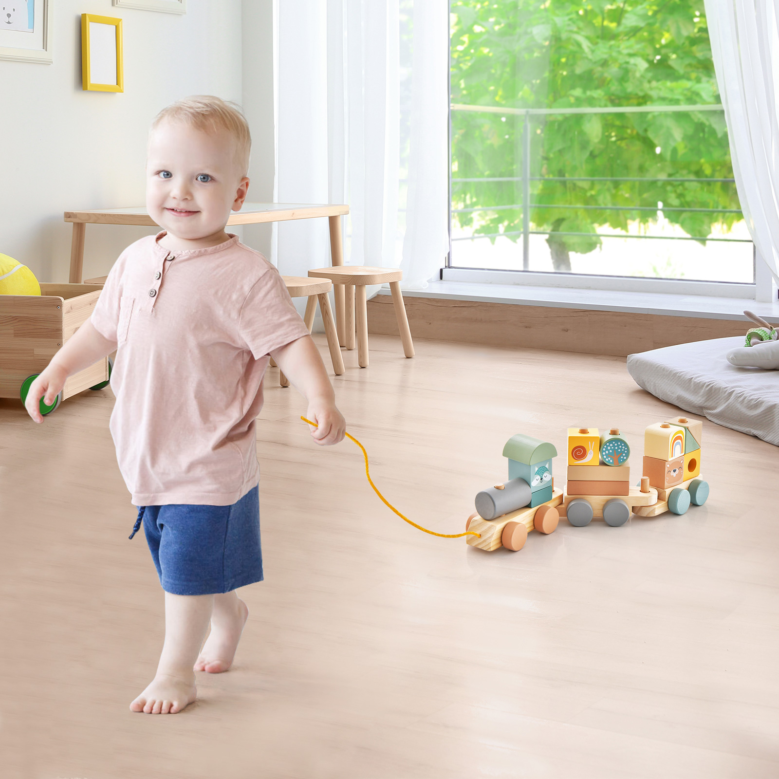 Wooden Toy Train Set With Stacking Wooden Blocks For Early Learning ...
